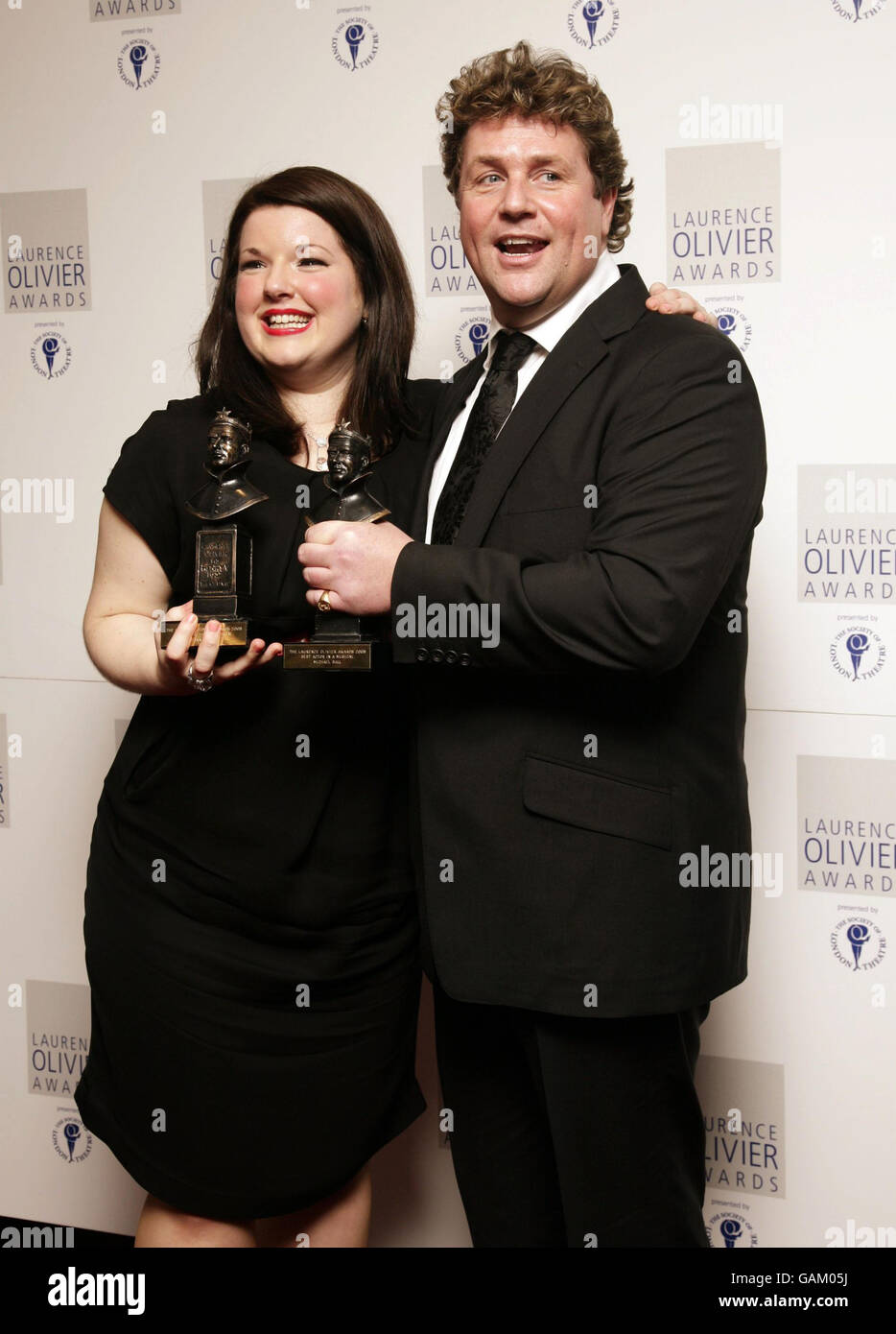 Leanne Jones and Michael Ball with their Best Actor and Actress awards in a Musical, during the ...