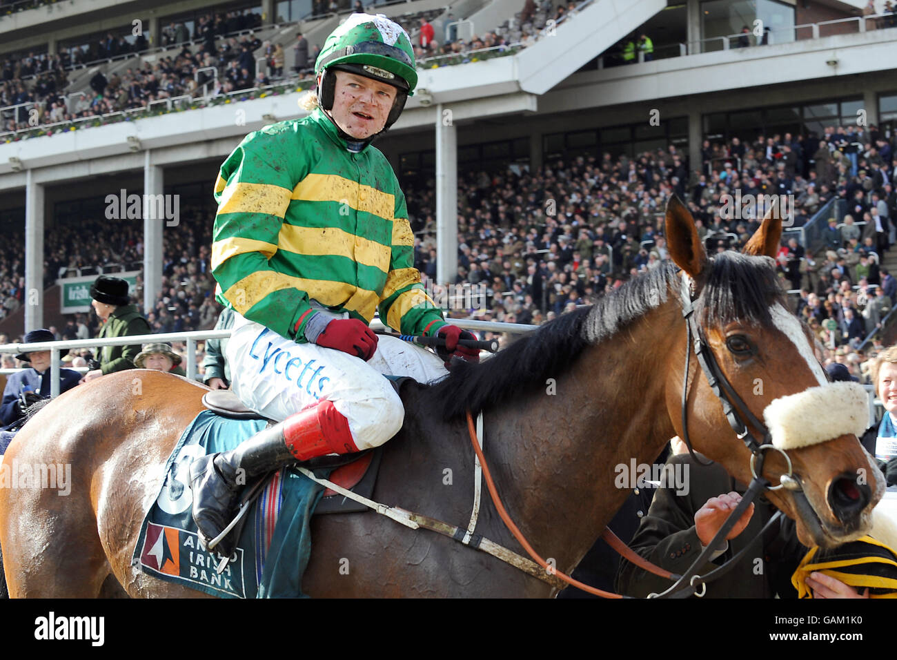 Jockey Robert Thornton celebrates winning the Anglo Irish Bank Supreme ...