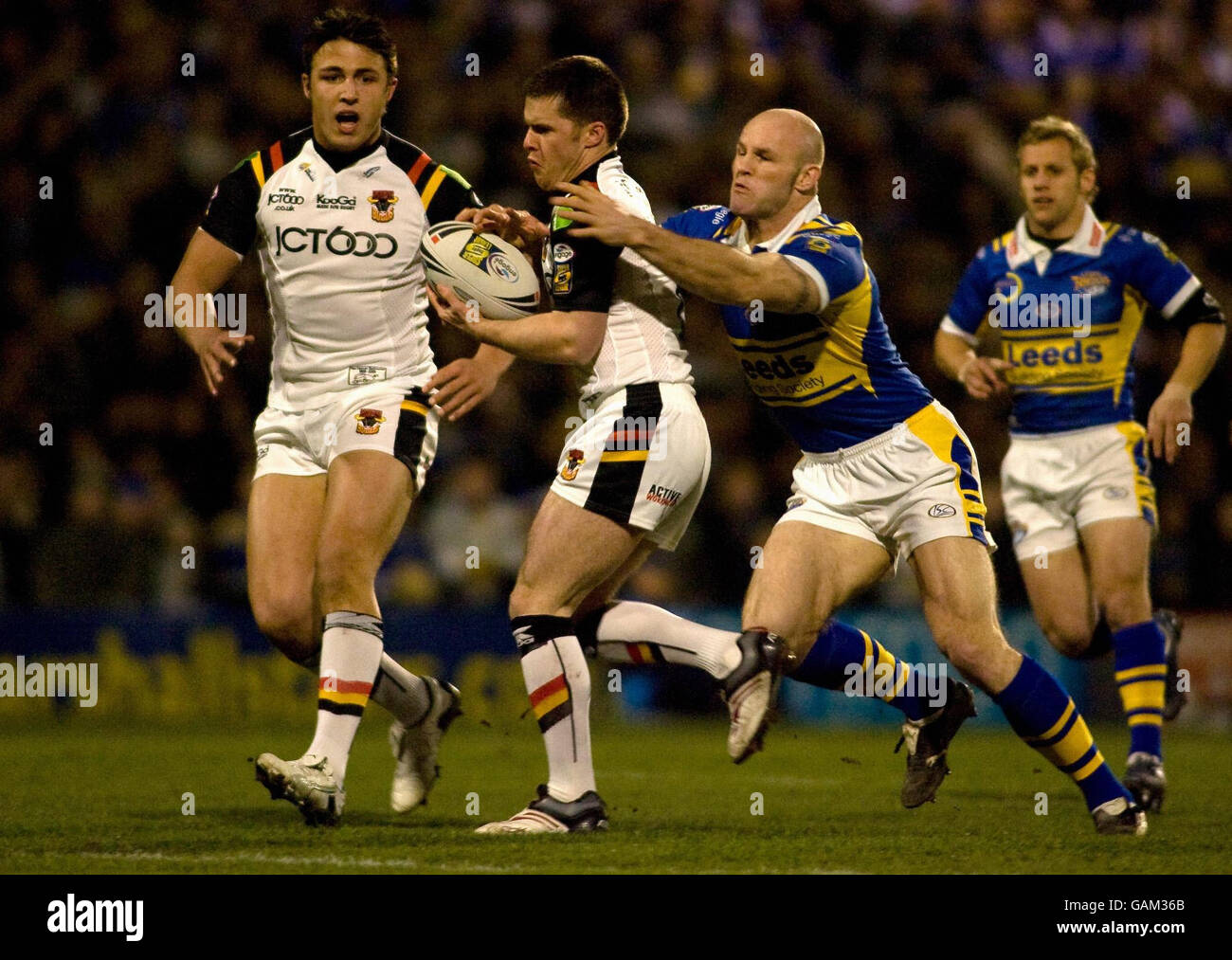 Leeds Rhinos's Keith Senior tackles Bradford Bulls's Dave Halley during ...