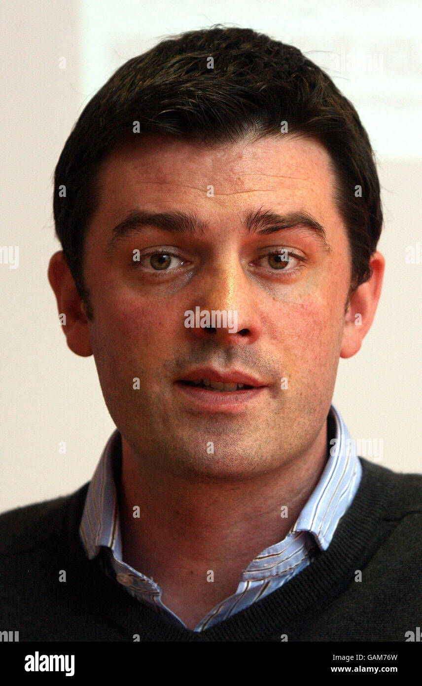 Peter Sherrard, Head of Communication at Ryanair, holds a press ...