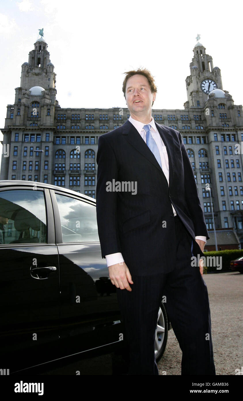Nick Clegg, leader of the Liberal Democrats, arrives in Liverpool for ...