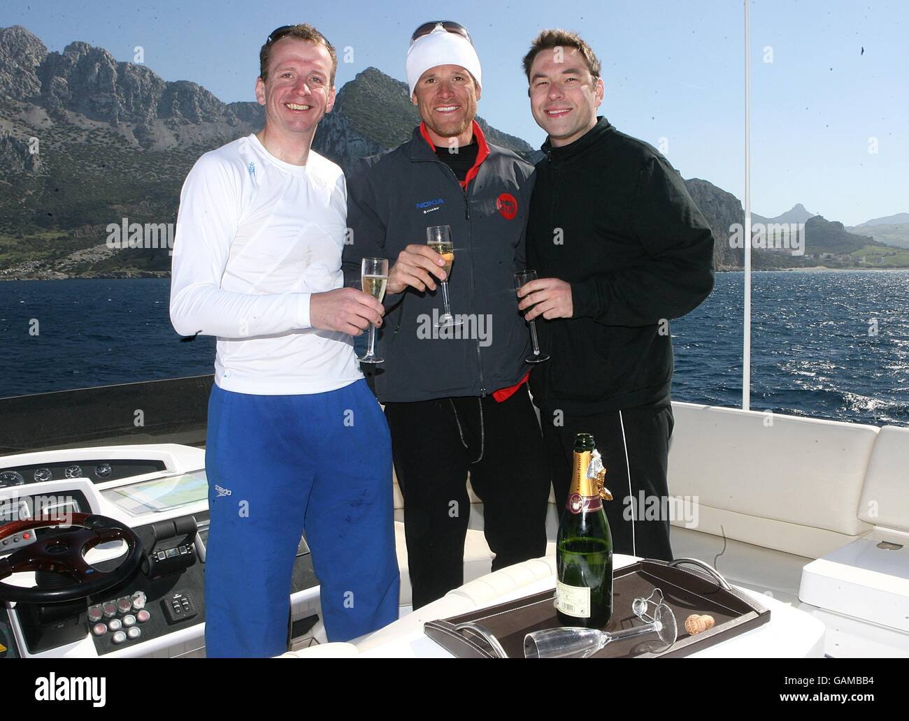 David Walliams and James Cracknell Sport Relief Swim - Spain Stock ...