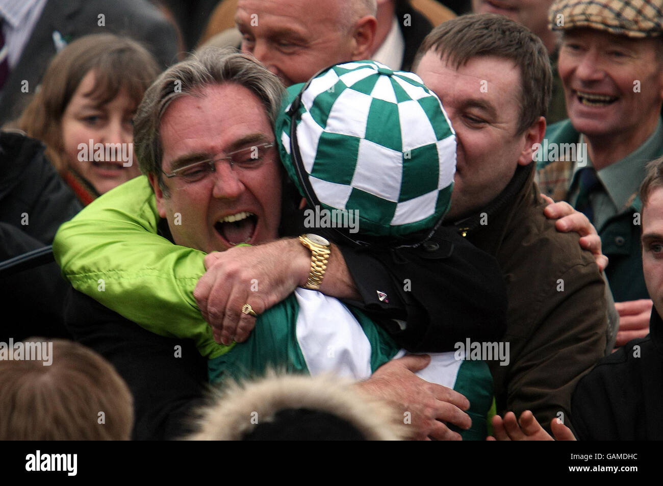 Harry Findlay (left), owner of Denman, congratulates jockey Sam Thomas ...