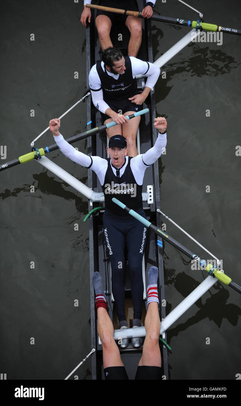 The Oxford University boat team celebrate after the Boat Race on the ...