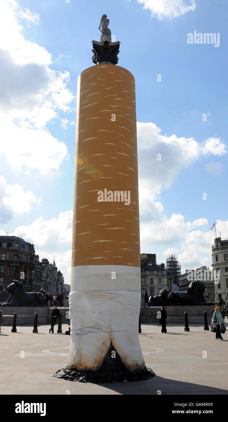 A giant imitation cigarette butt in London's Trafalgar Square, to ...
