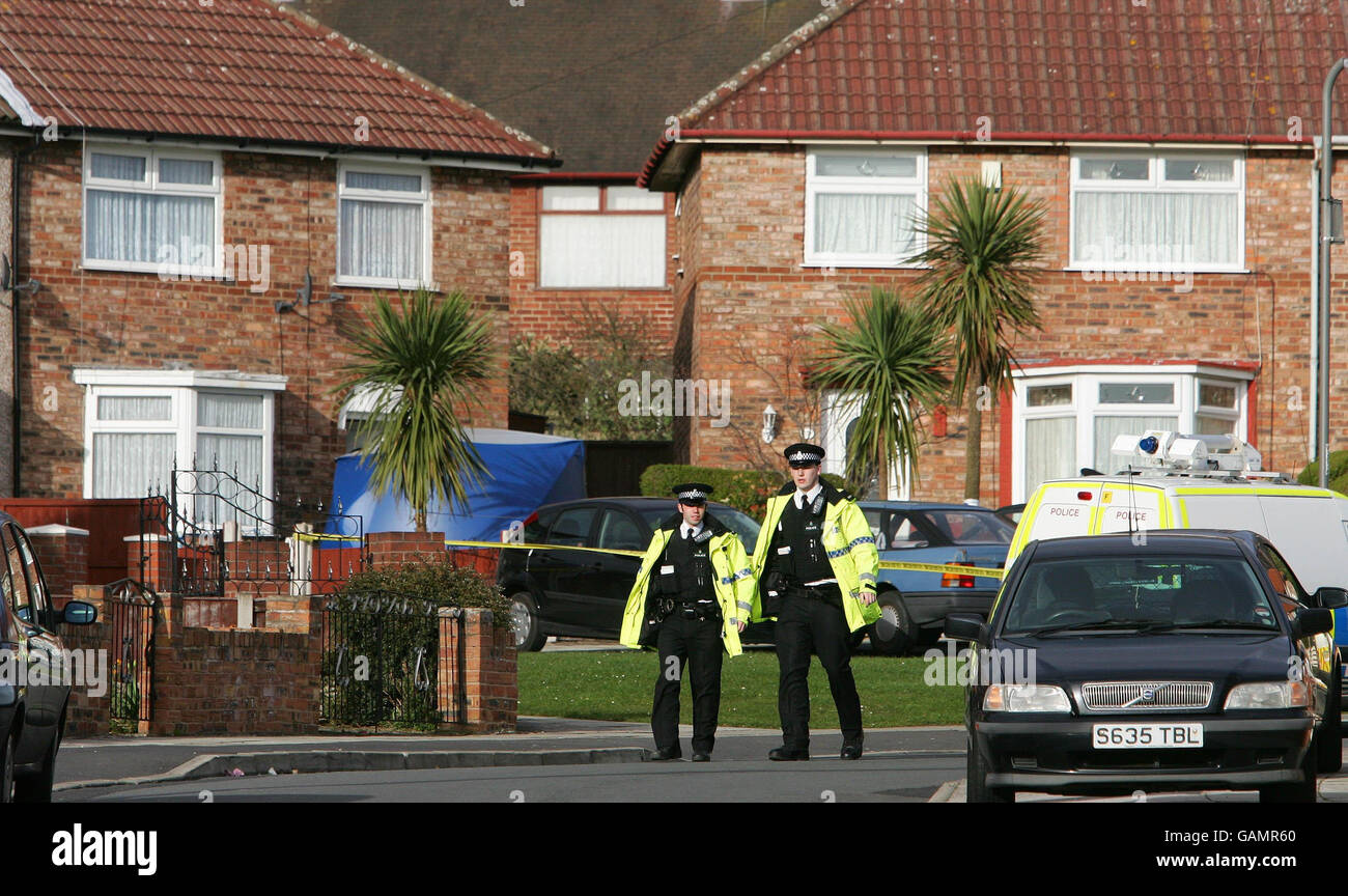 Police at the scene in Redington Road, Woolton, Liverpool where the ...