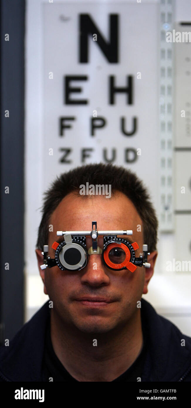 Umpire Neil Bainton has his eye test during the Umpires Medical Tests ...