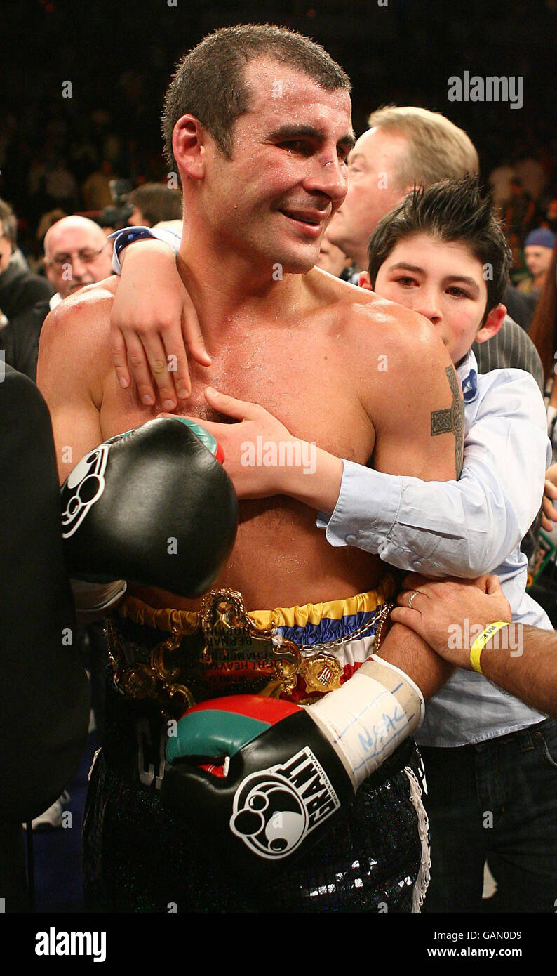 Wales' Joe Calzaghe celebrates his points victory over Bernard Hopkins ...
