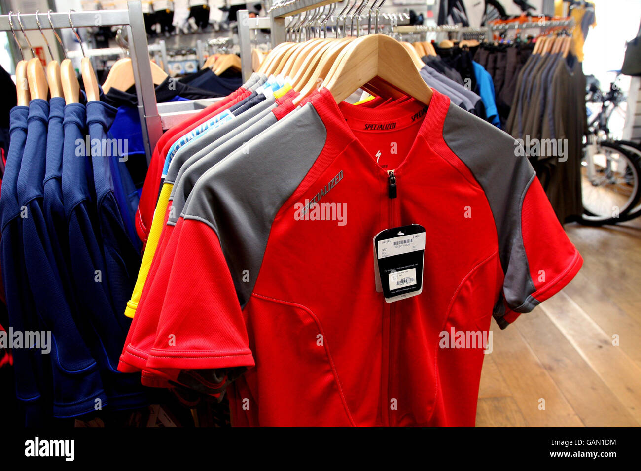 Clothing on sale in London cycle shop Cycle Surgery Stock Photo - Alamy