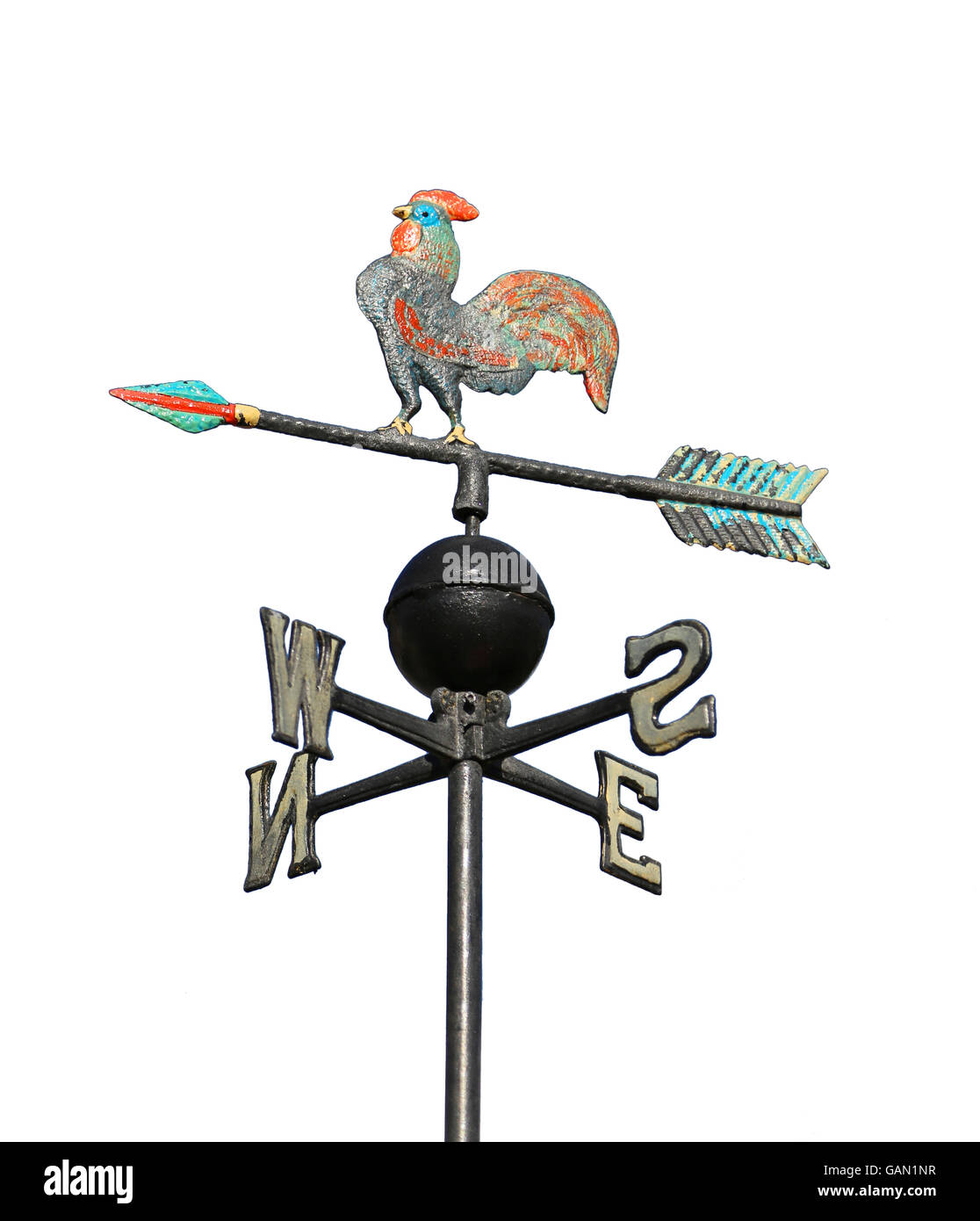 ancient weathervane with cock above an arrow and the four cardinal ...