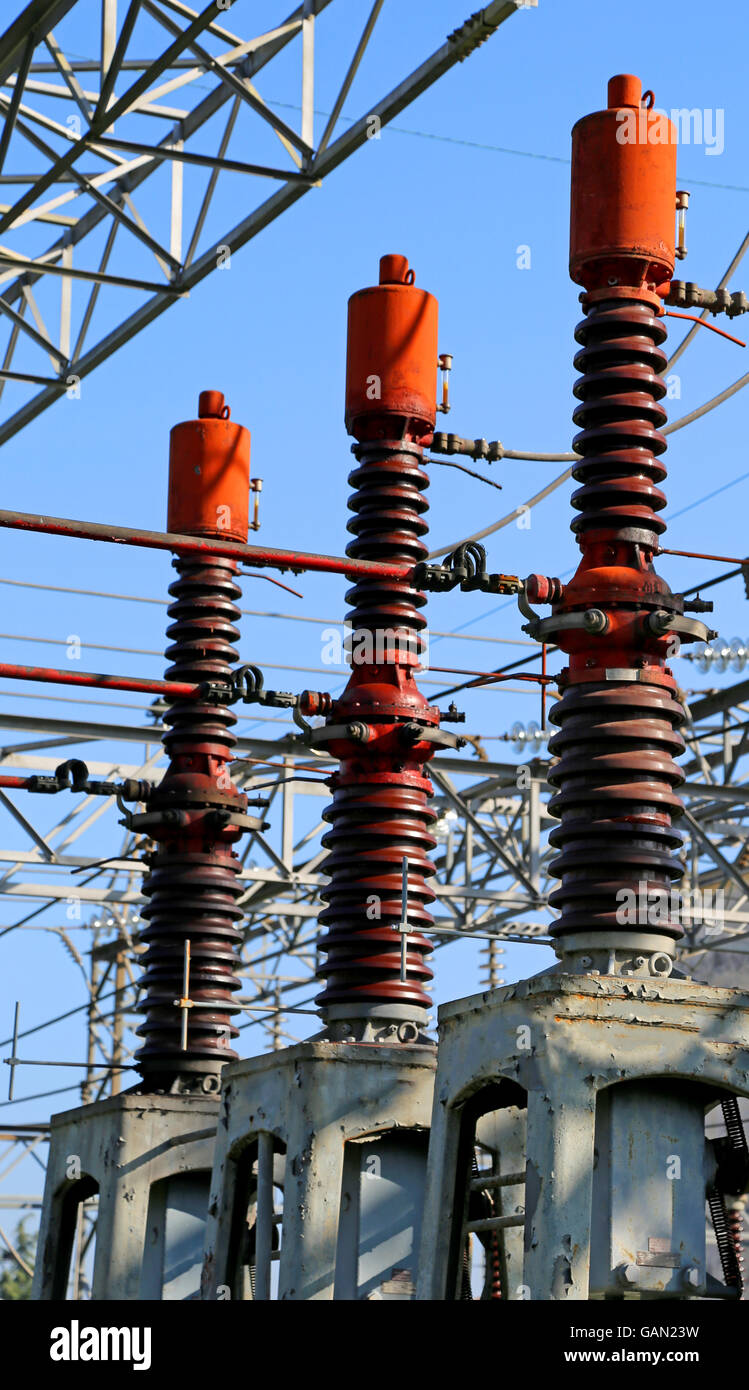 three giant breakers in the electrical substation of the hydroelectric ...