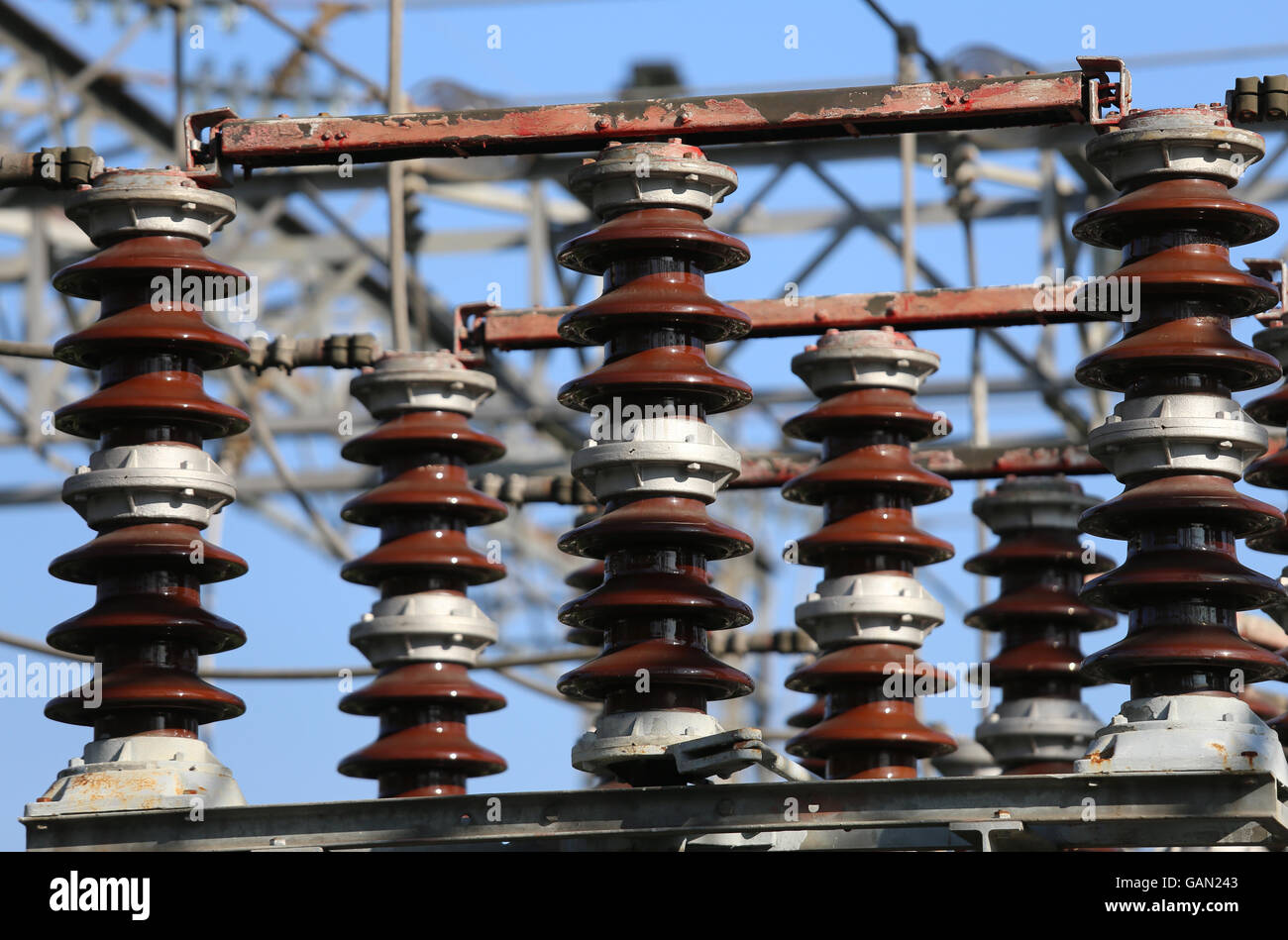 detail view of big electric switches in an electrical substation ...