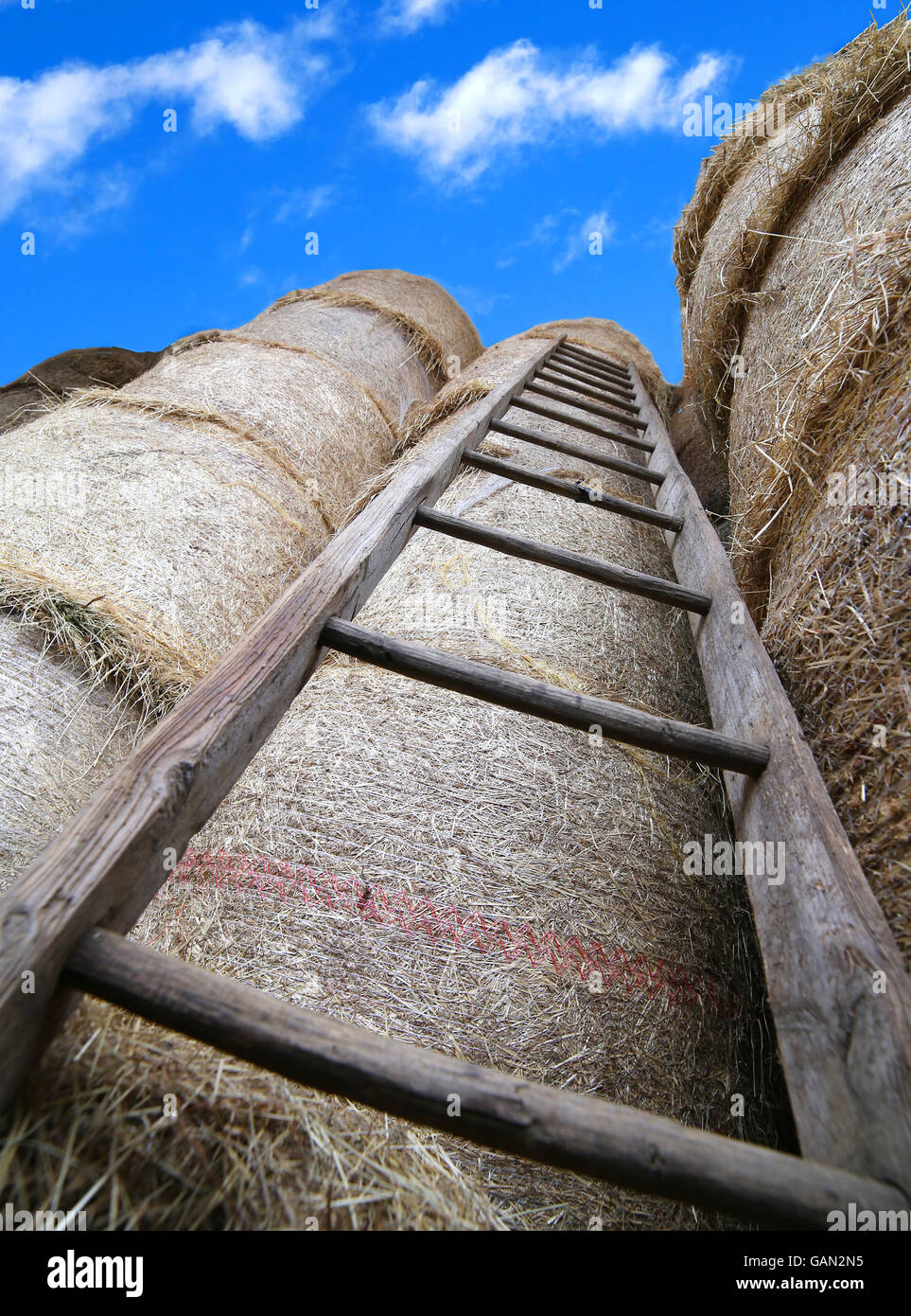 wood ladder in the barn with bales of hay and blue sky Stock Photo - Alamy