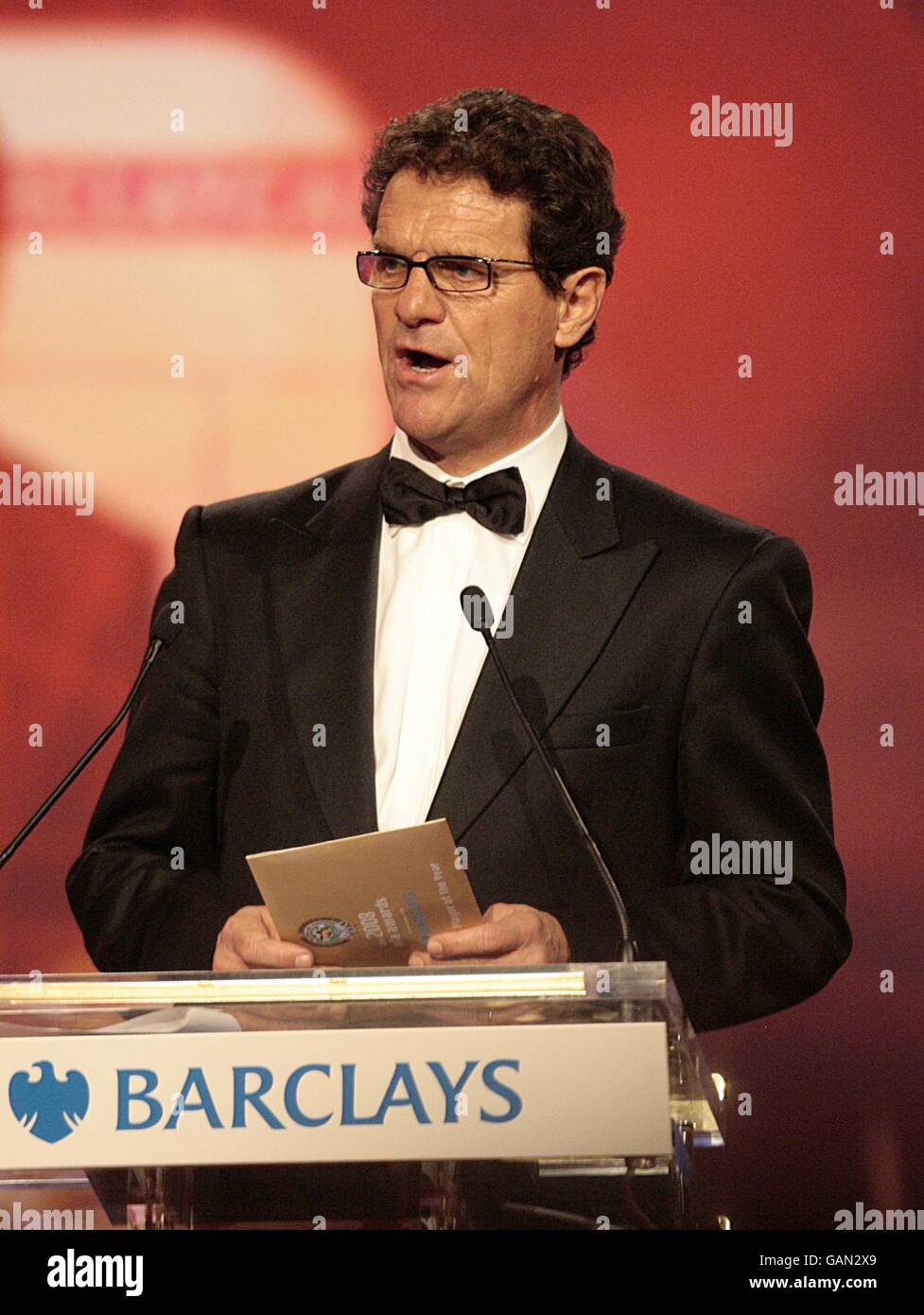 England manager Fabio Capello on stage at the PFA Player of the Year ...