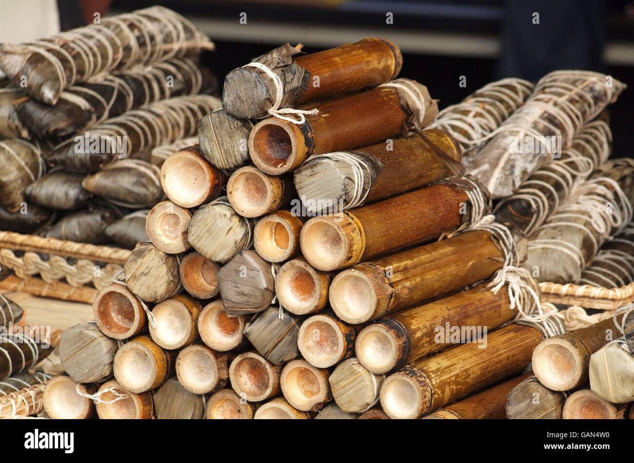 Rice is cooked in bamboo tubes, a native Taiwan specialty Stock Photo ...