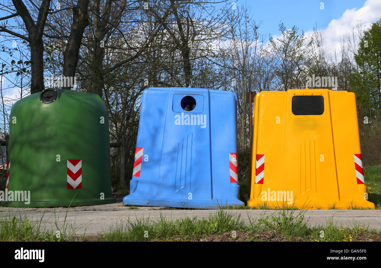 three bins for waste paper collection and for the collection of used ...