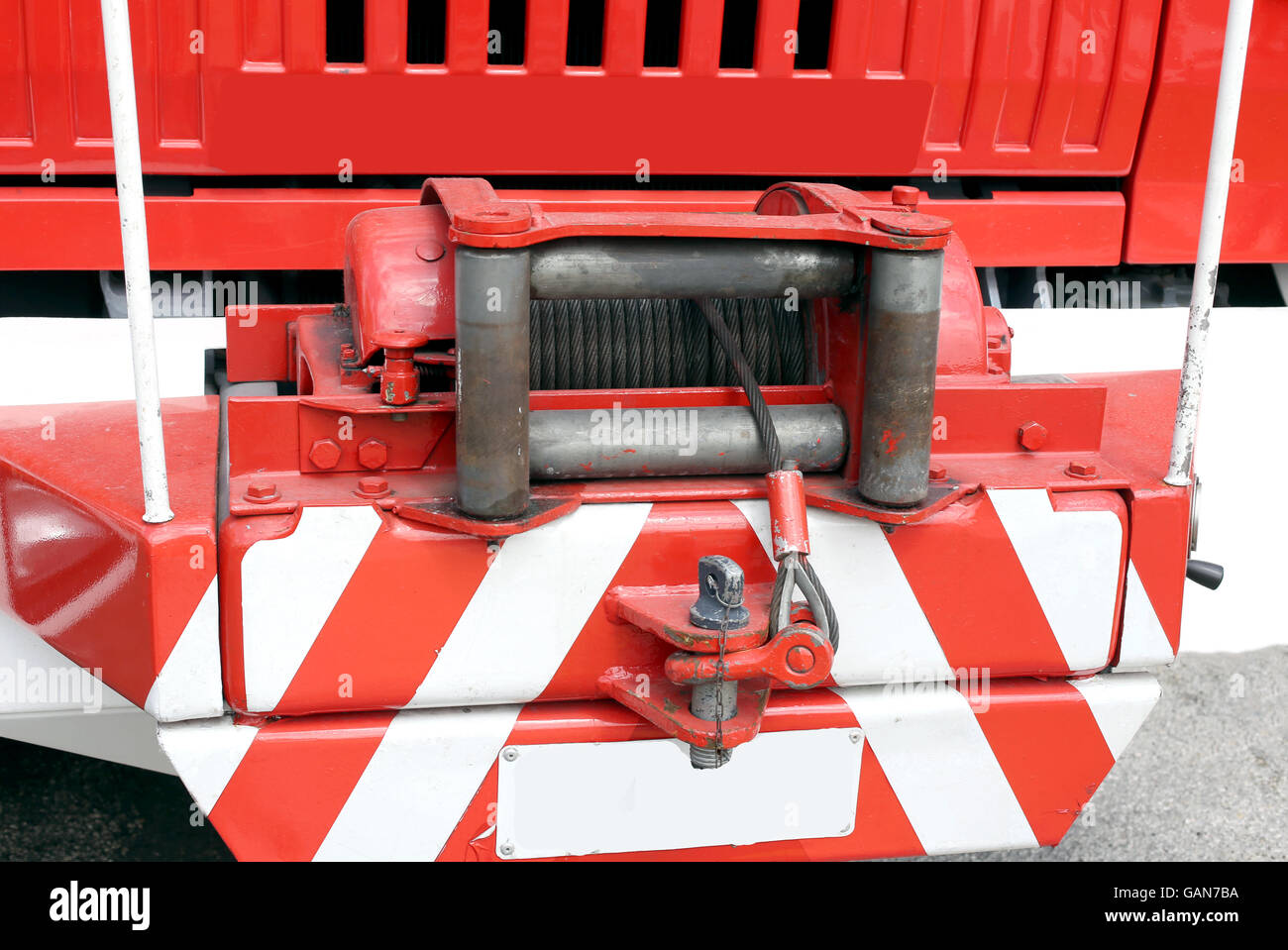 robust hoist with steel ropeinstalled on a big fire truck Stock Photo ...