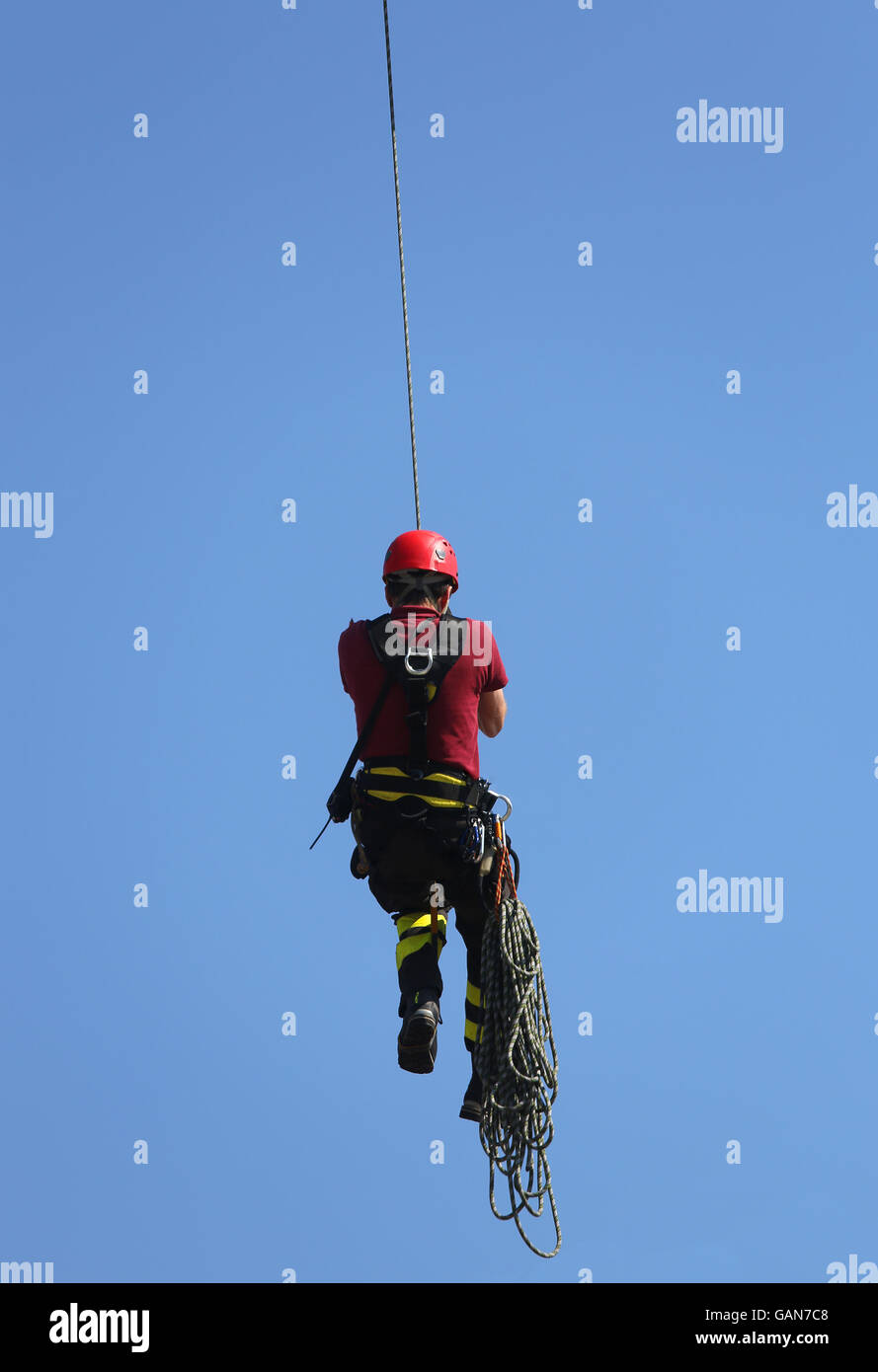 climber firefighter hung the rope climbing during the practical ...