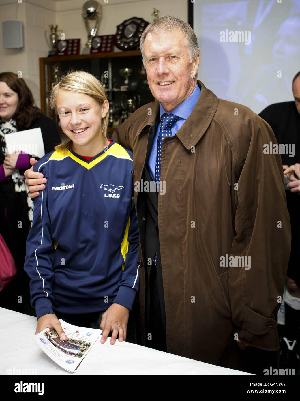 Sir Geoff Hurst with a young Leighton United player during the Leighton ...