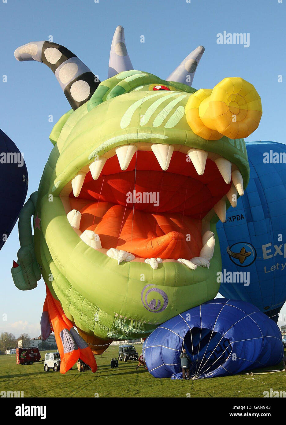 Hot air balloons are inflated before the London Marathon, London Stock ...