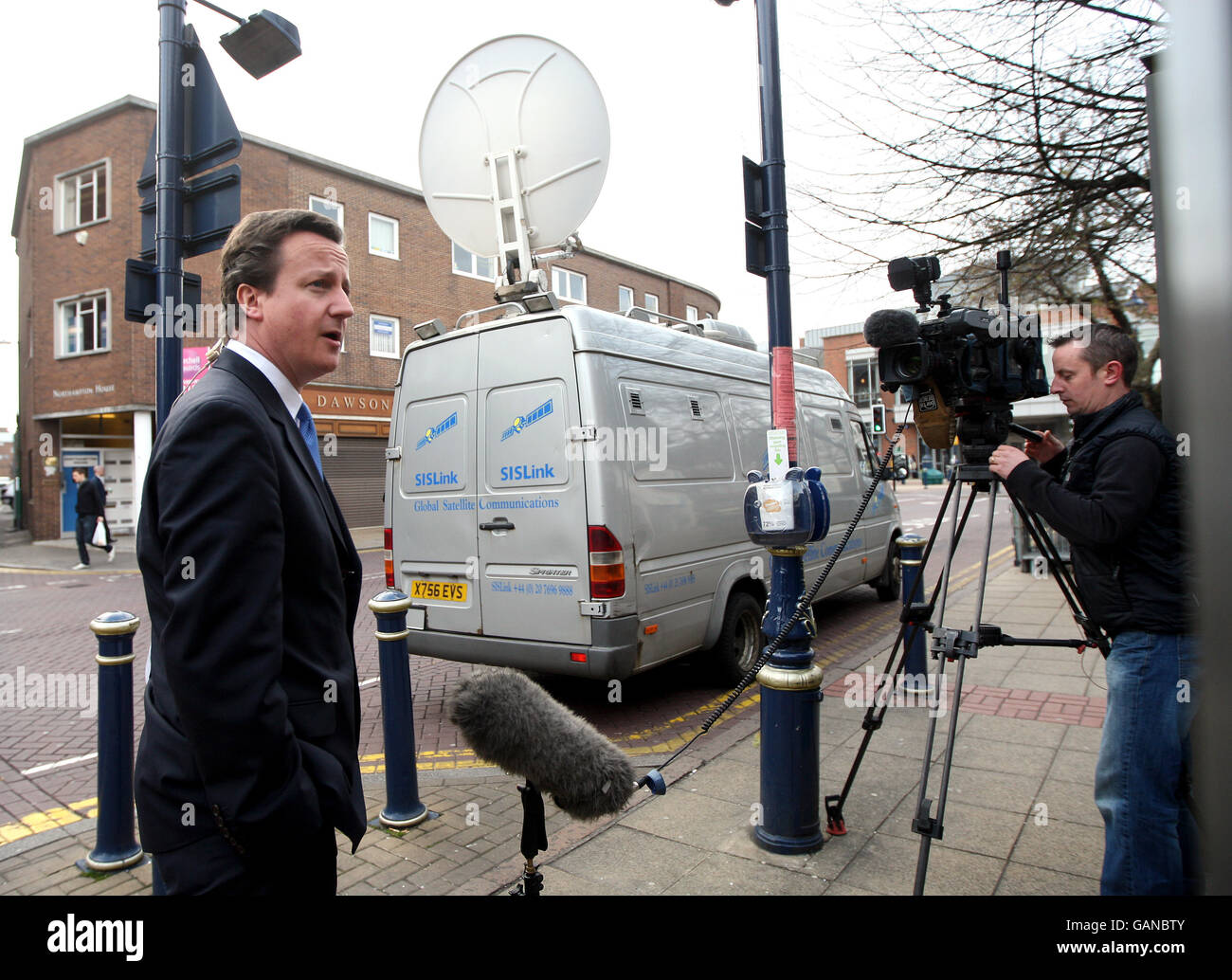 SIS van arrives to transmit images of Conservative leader David Cameron ...