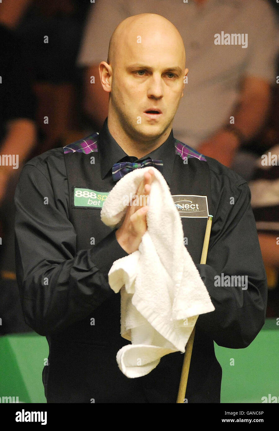 Mark King in action during his first round match against Mark Selby ...