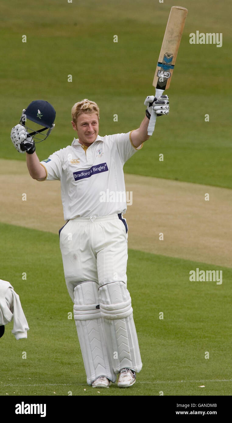 Yorkshire's Andrew Gale salutes the crowd after reaching his century ...