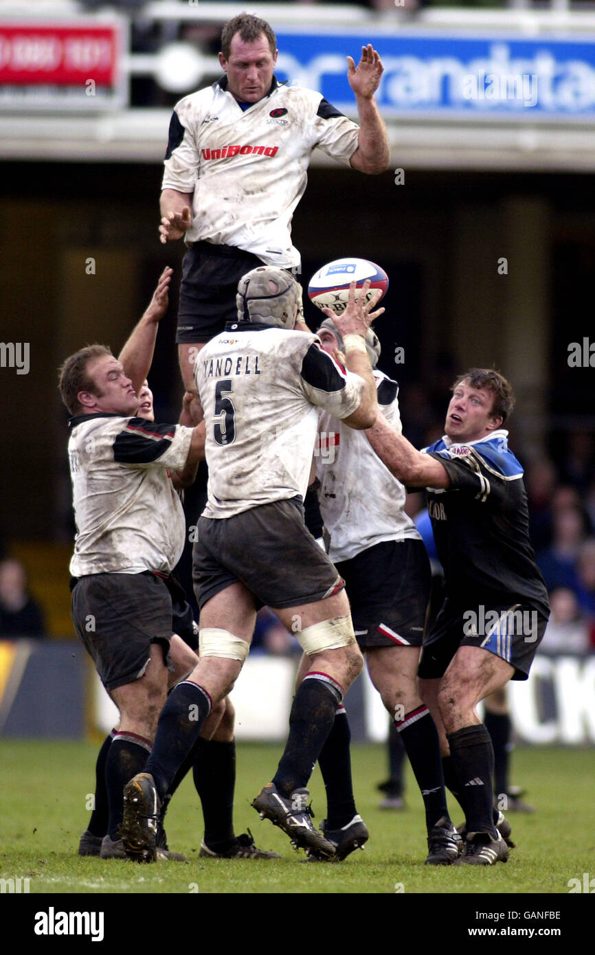 Bath's Richard Hill is raised into the air in an attempt to catch the ...