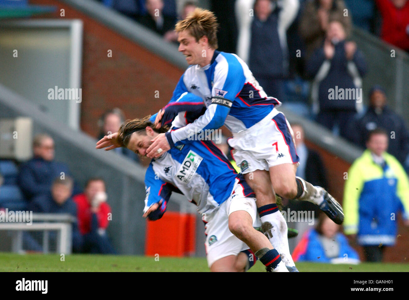 Blackburn Rovers' Captain Garry Flitcroft (right) congratulates their ...