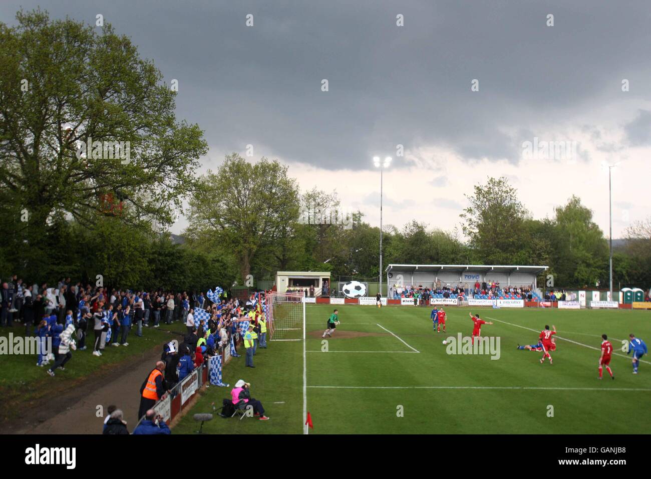 General view of the action between Bangor City and Llanelli at Latham ...