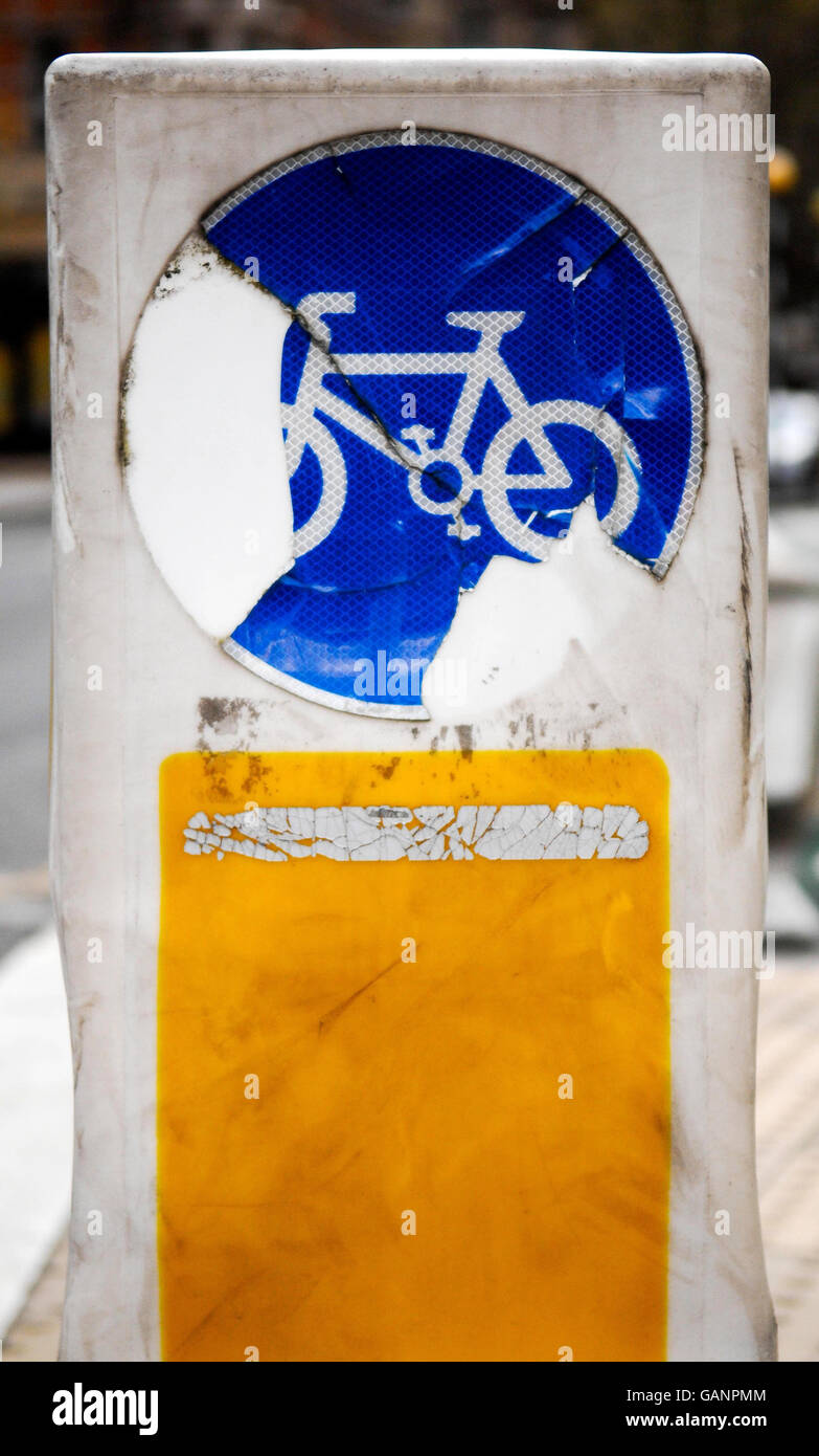 Cycle lane stock. A bollard indicates a cycle lane in central London ...