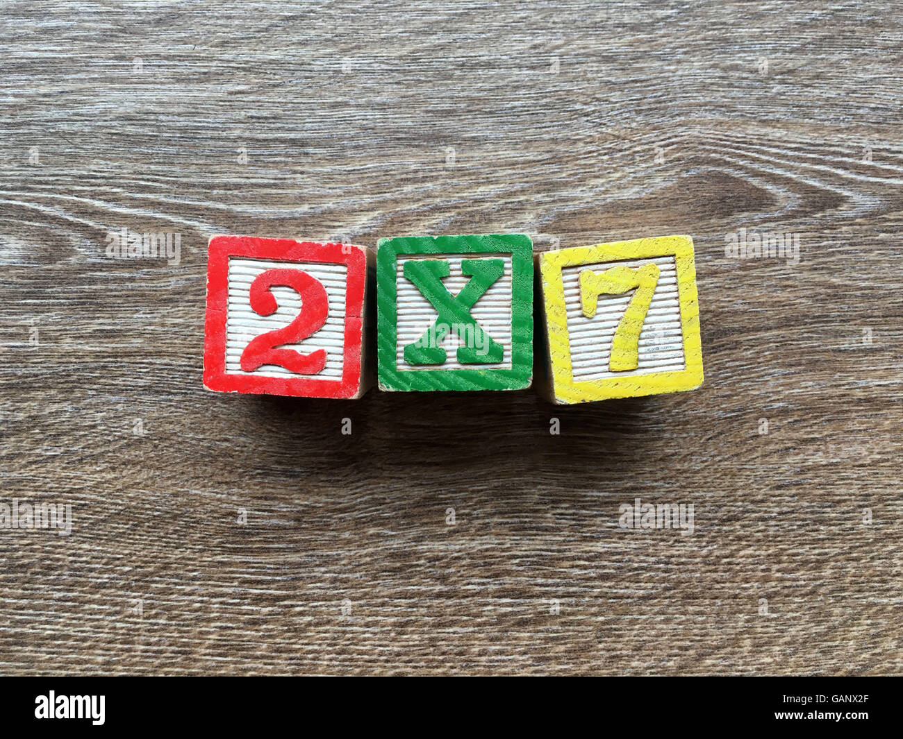 2x7 Multiplication done with wood blocks numbers Stock Photo - Alamy