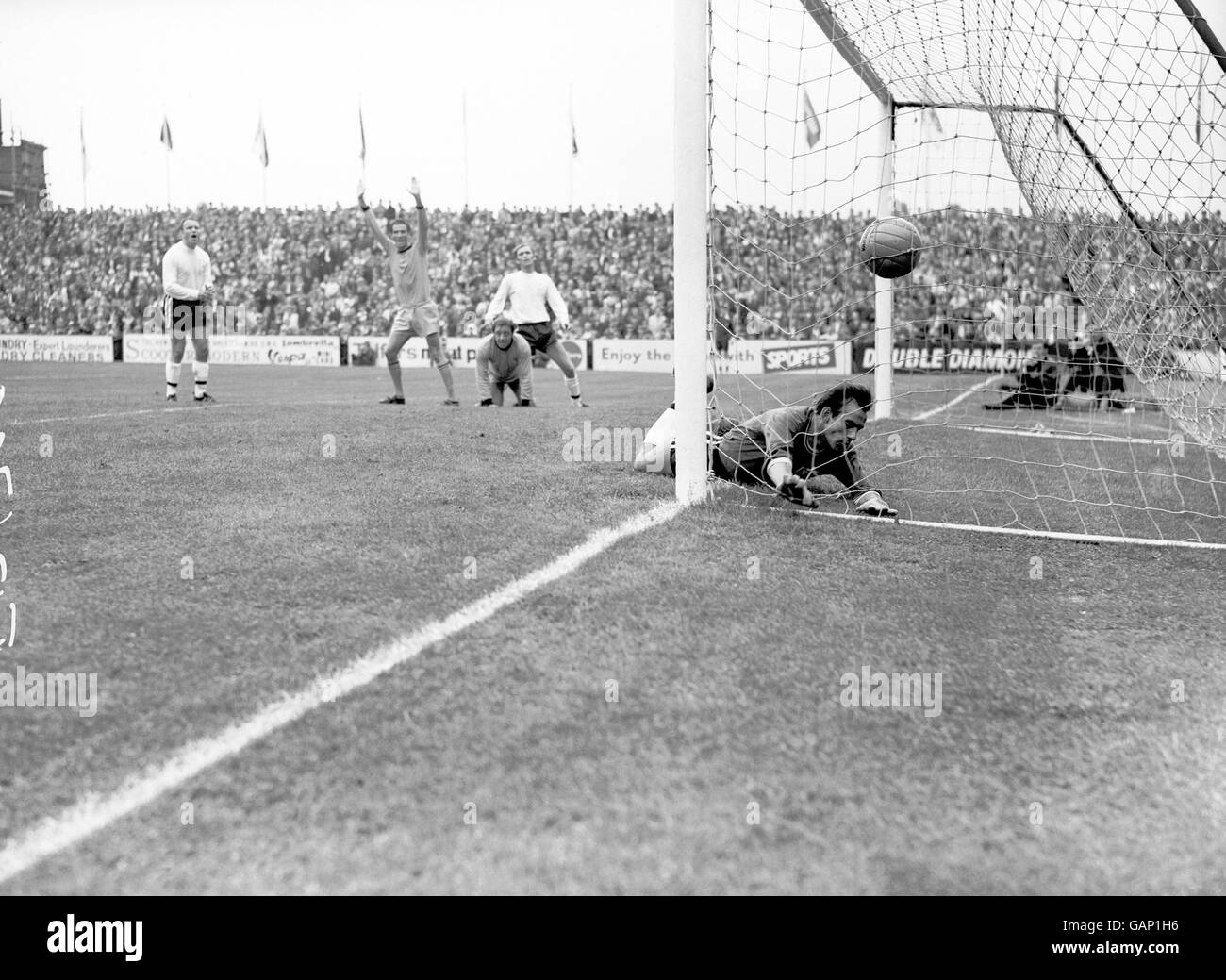 Wolverhampton Wanderers' Derek Dougan (second l) celebrates as his shot ...