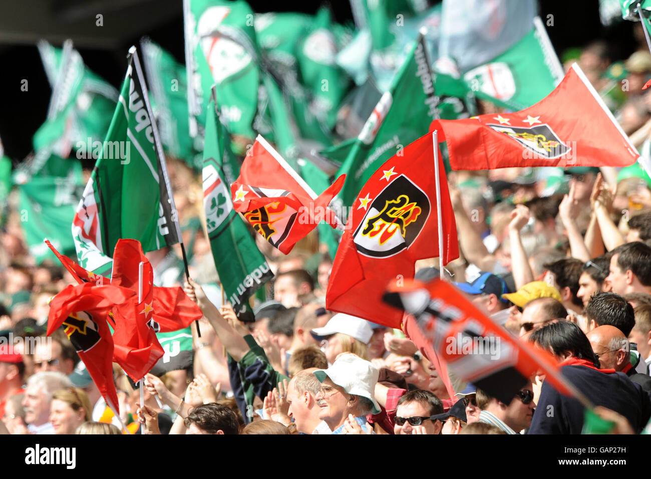 Rugby fans flag flags waving celebration celebrating crowd hi-res stock ...