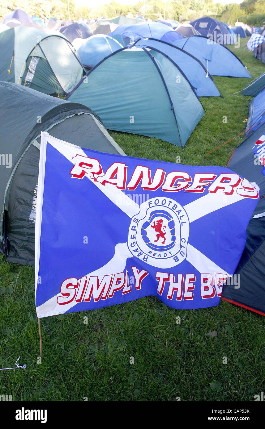 Rangers fans camping overnight at Burnage Rugby Club in Manchester ...