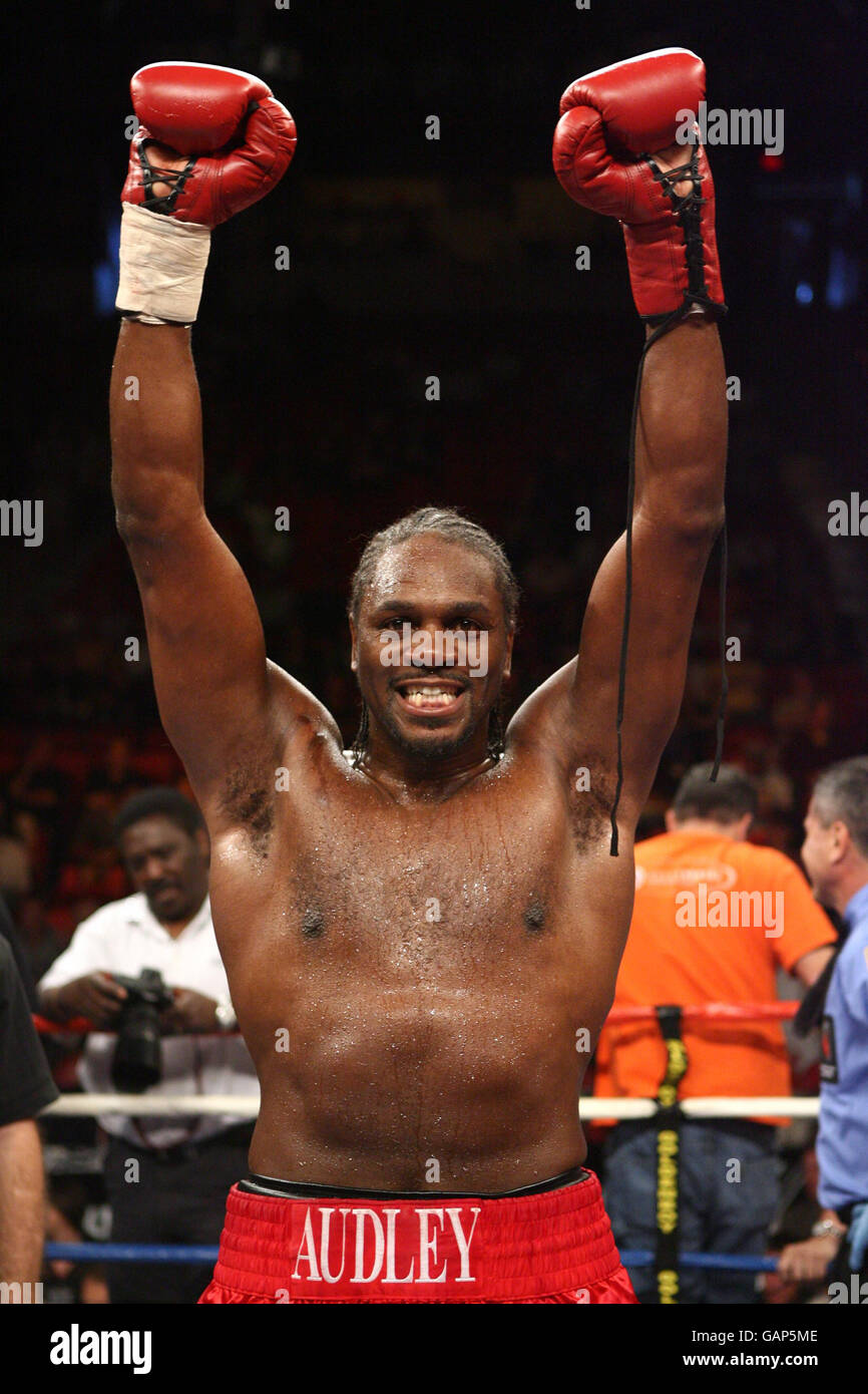 Audley Harrison celebrates his victory over Jason Barnett in their ...