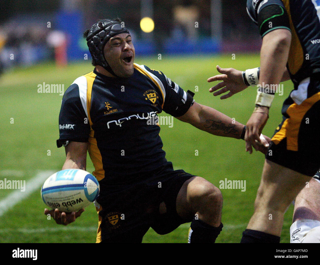 Worcester's Sam Tuitupou celebrates scoring their second try during the ...