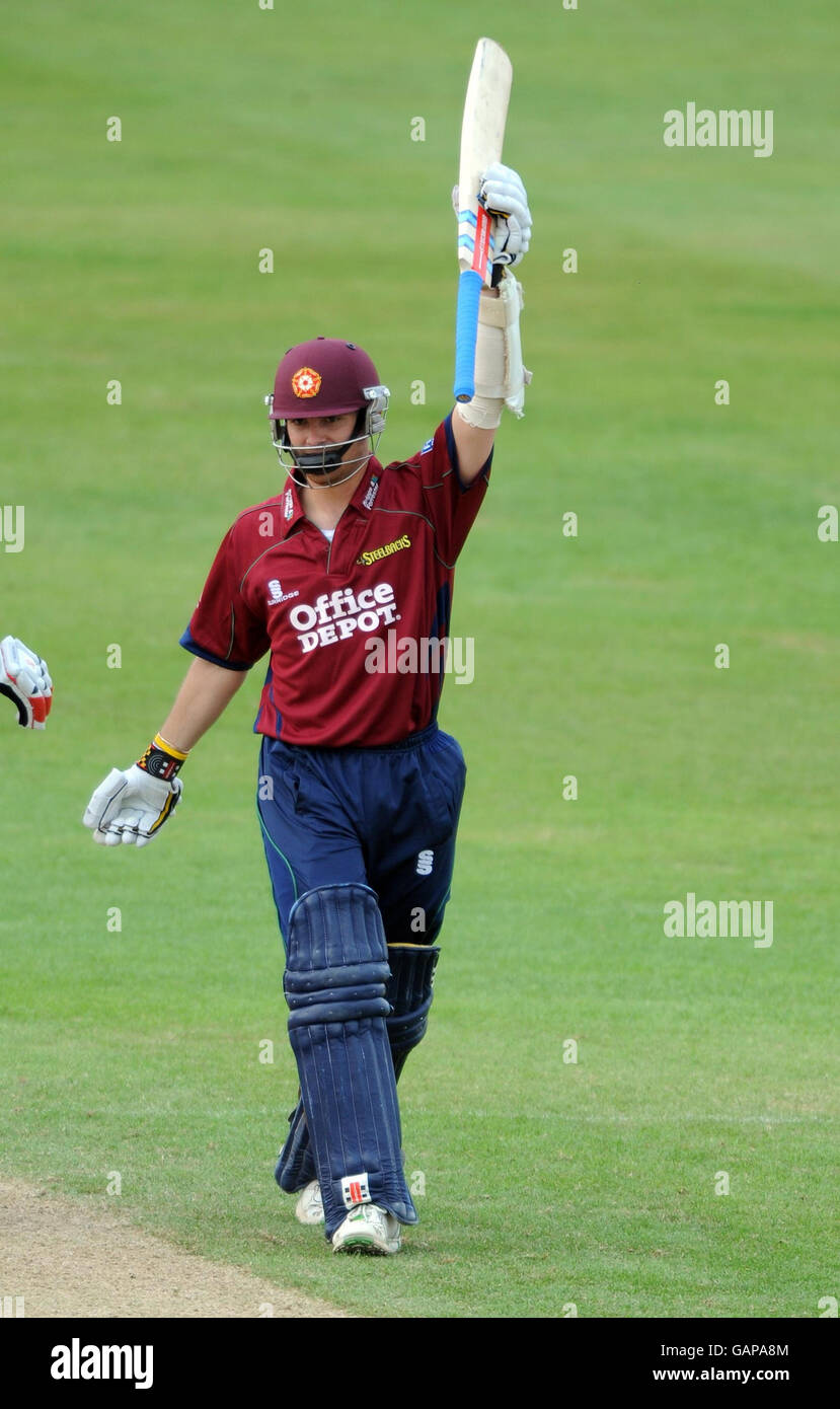 Northamptonshire's Stephen Peters celebrates reaching his 100 during ...