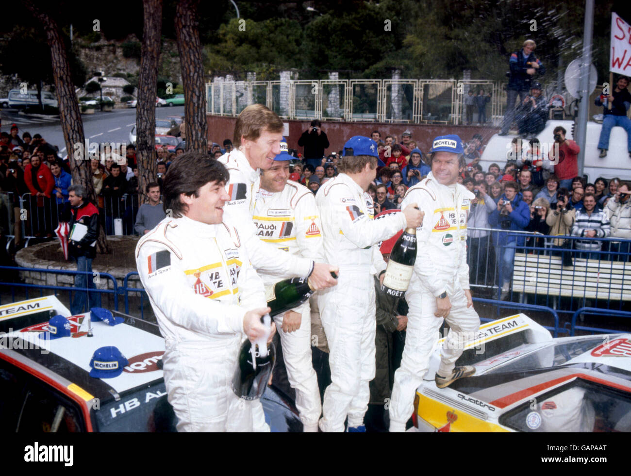 The winners of the 1984 Monte Carlo Rally, Walter Rohrl (second l) and ...