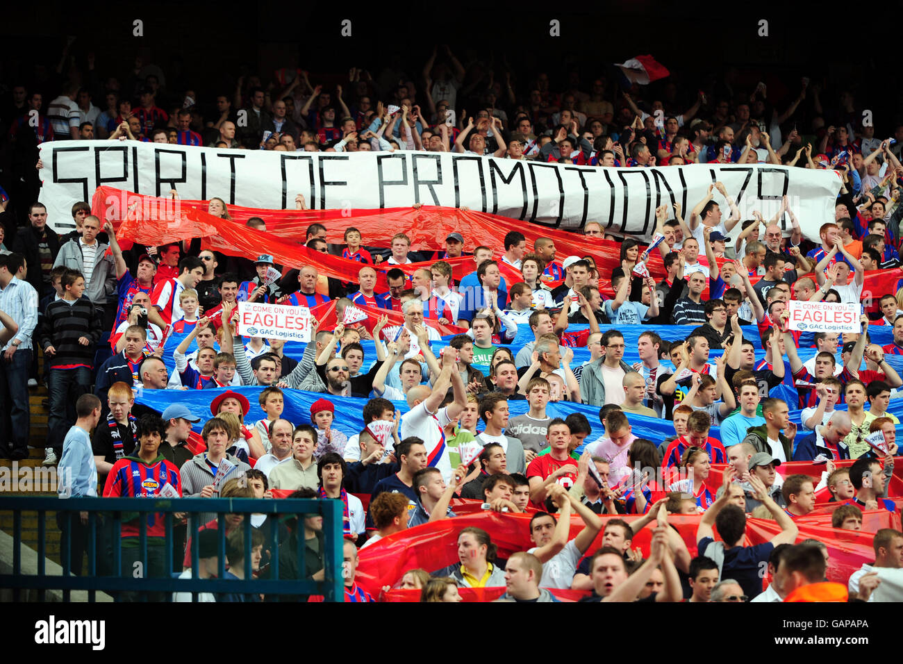 Crystal palace fans holds up a banner in the stands hi-res stock ...