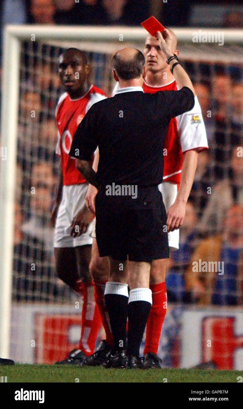 Arsenal's Pascal Cygan gets the red card for a second bookable offence ...