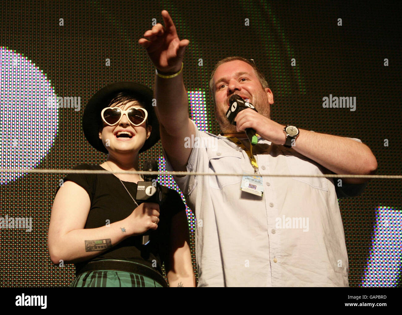 Kelly Osbourne and Chris Moyles on stage before Scouting For Girls ...