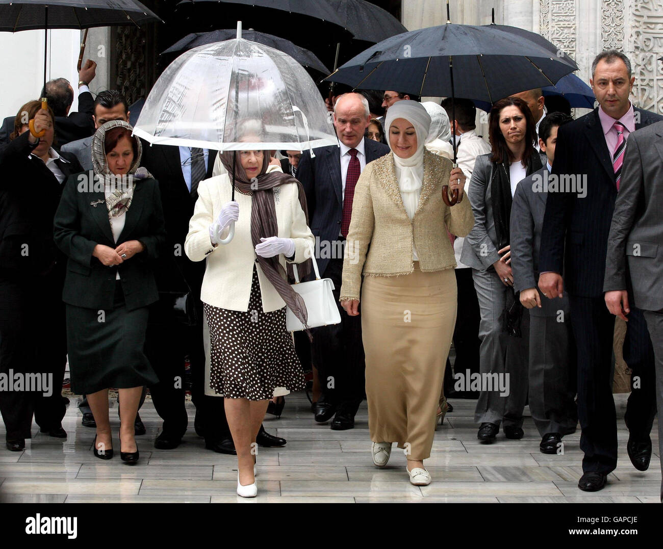 Britain's Queen Elizabeth II leaves the Green Mosque in the eastern ...