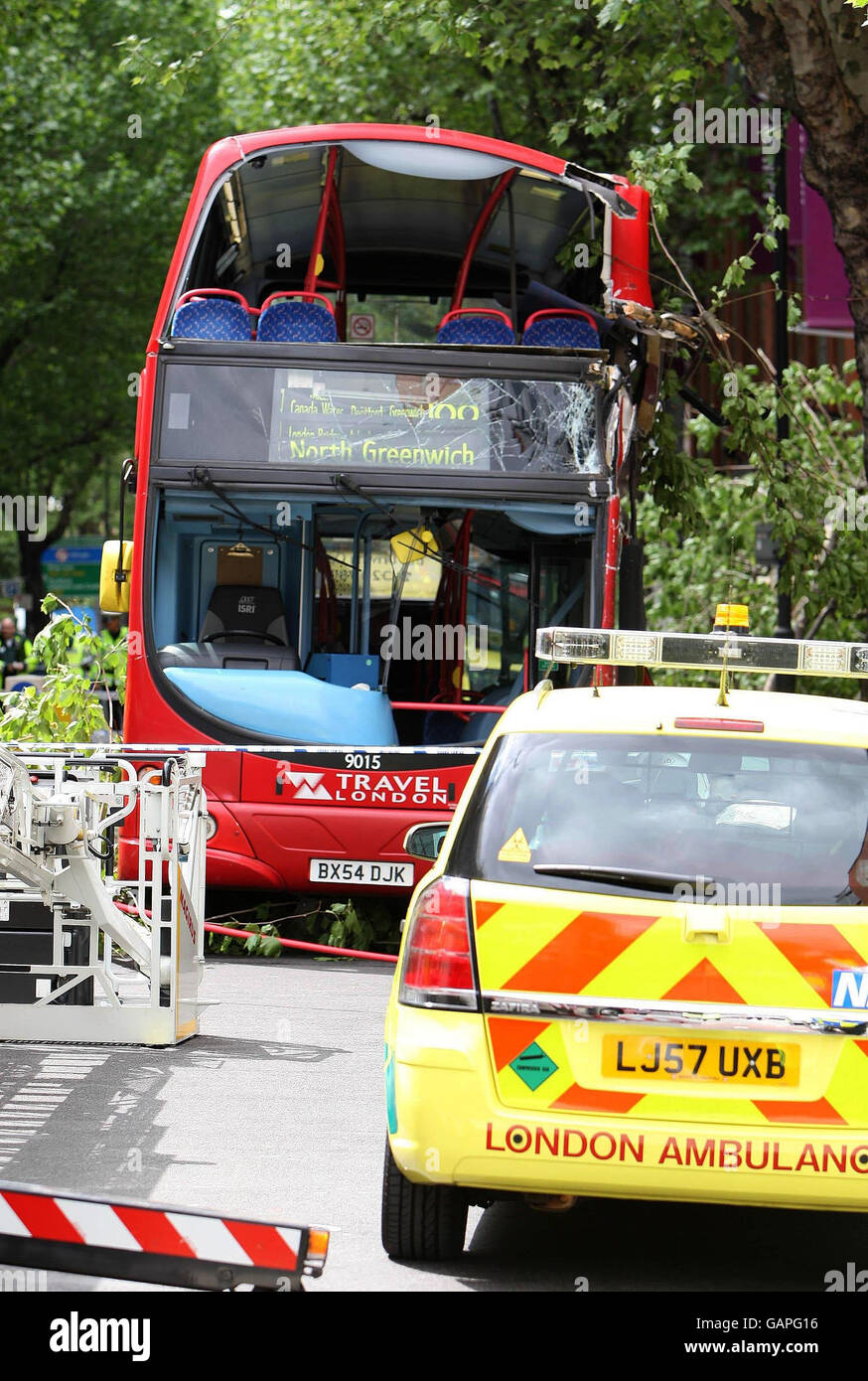 Police at the scene of a bus crash near Tower Bridge, London Stock ...