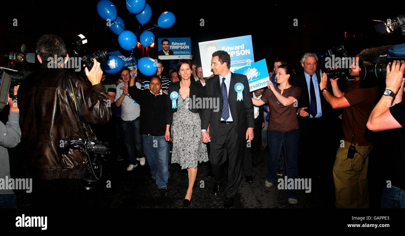 Conservative candidate Edward Timpson with wife Julia at Nantwich Civic ...