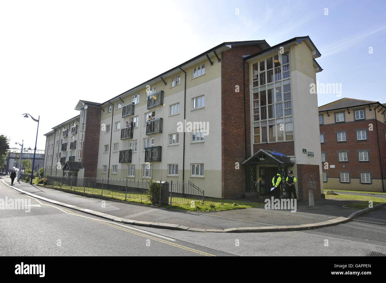 Exeter explosion. Police officers outside the King Street, Plymouth ...