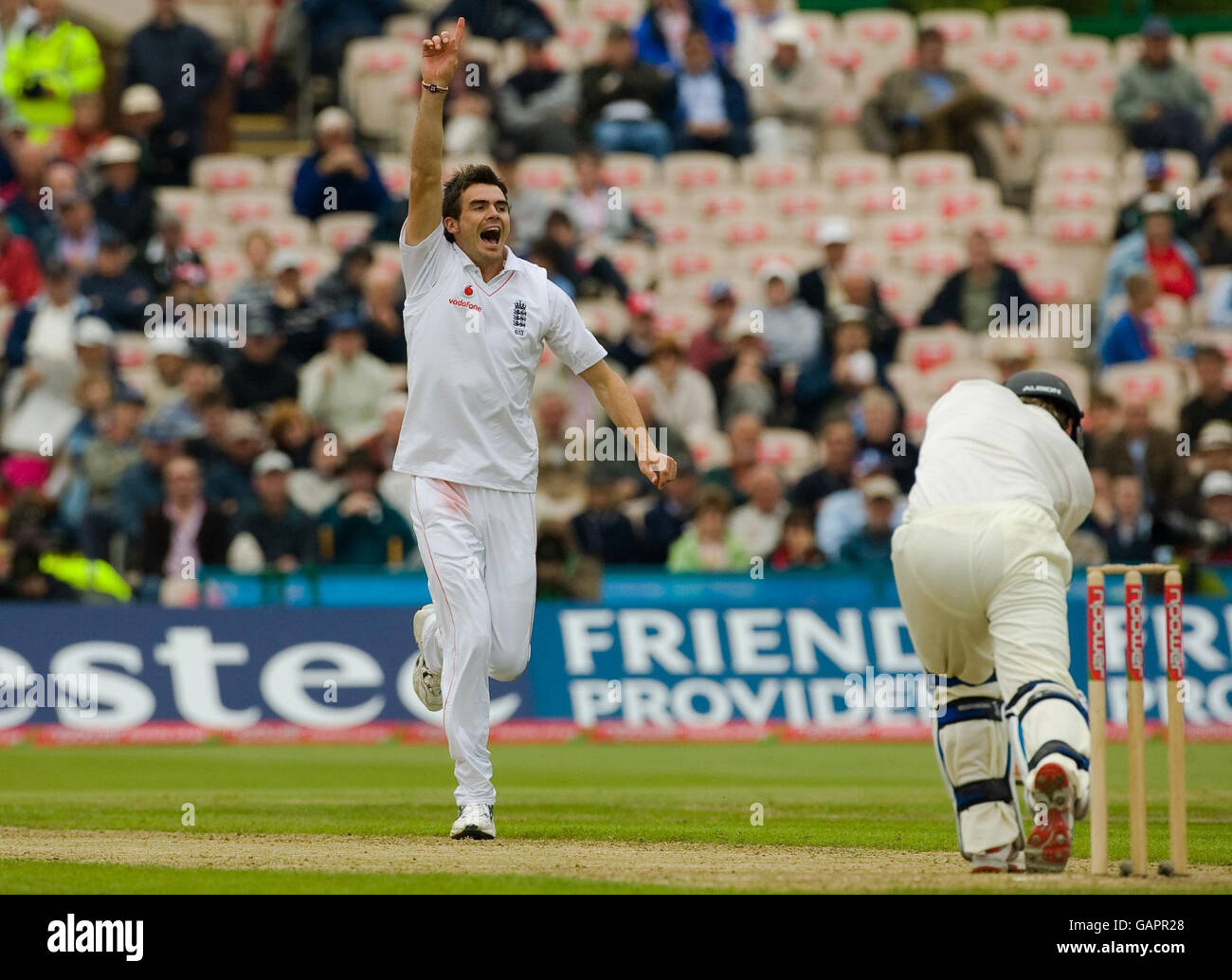 England's James Anderson celebrates dismissing New Zealand's Jamie How ...