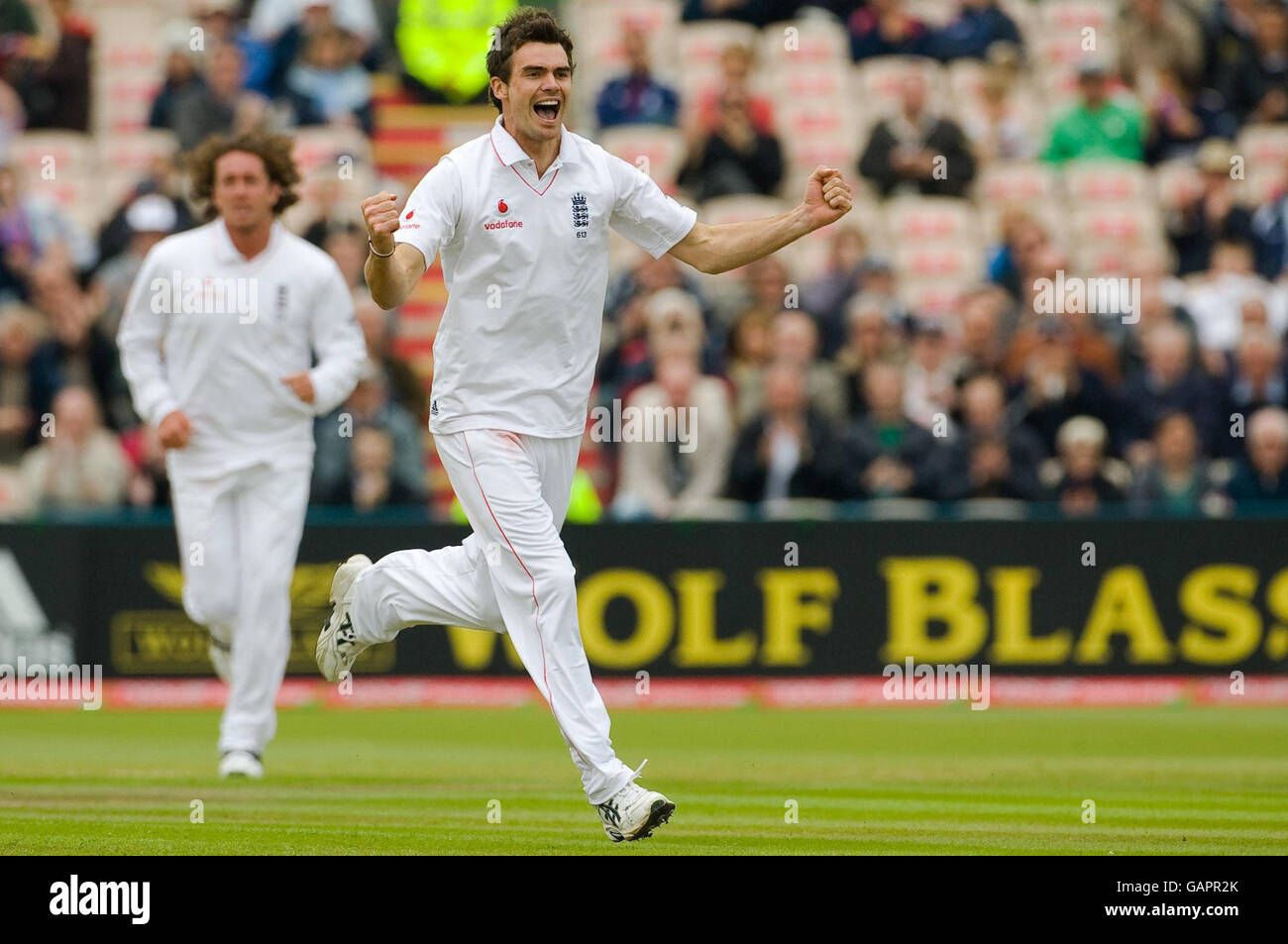 England's James Anderson celebrates dismissing New Zealand's Jamie How ...