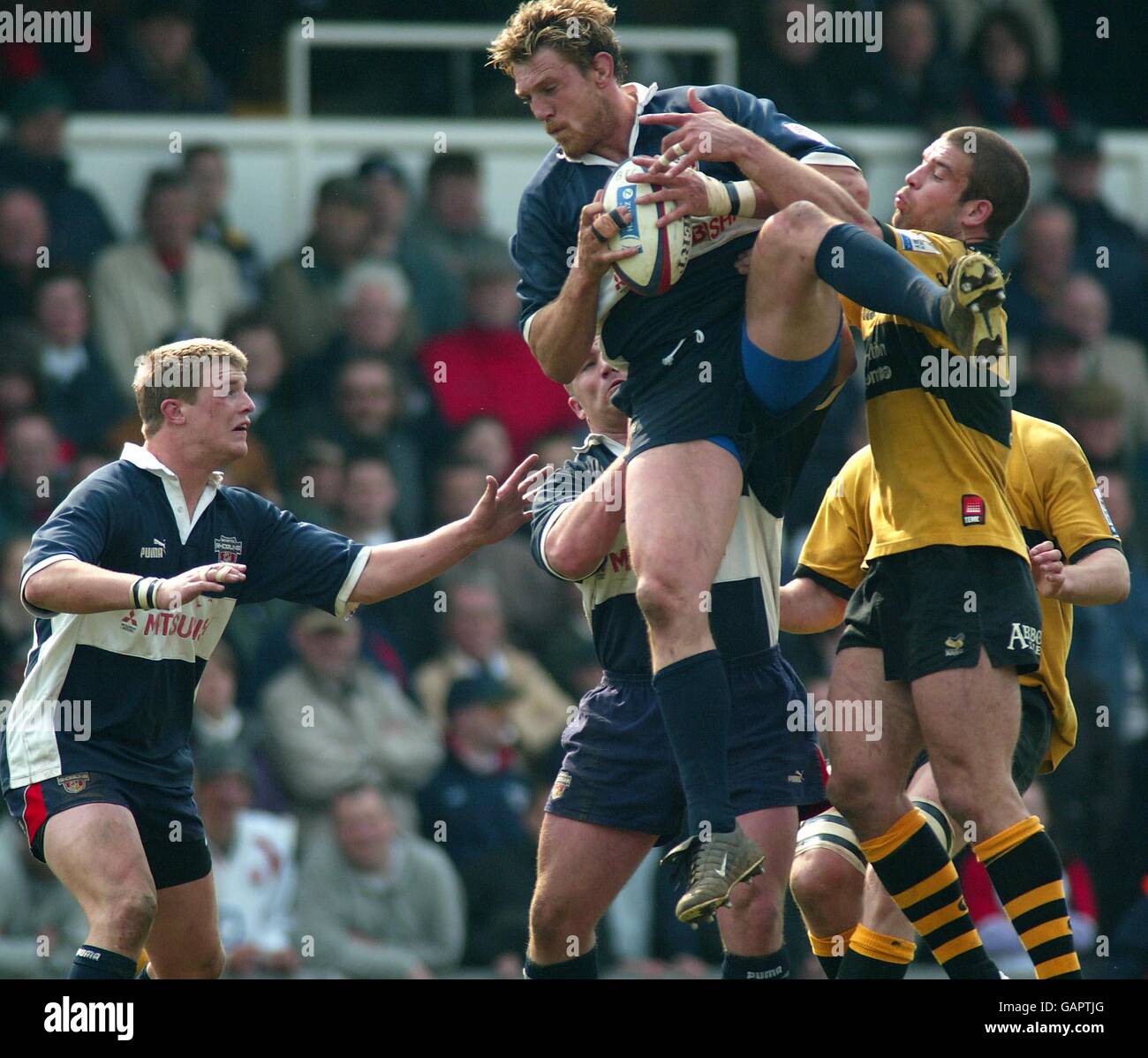 Bristol Shoguns' Garath Archer jumps highest to claim the ball ahead of ...