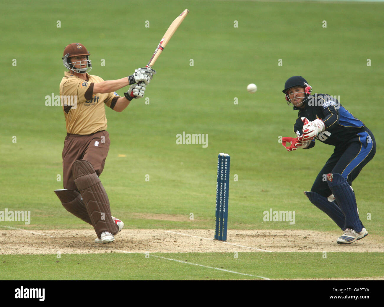 Surrey's Jonathan Batty hits another boundary during his innings Stock ...